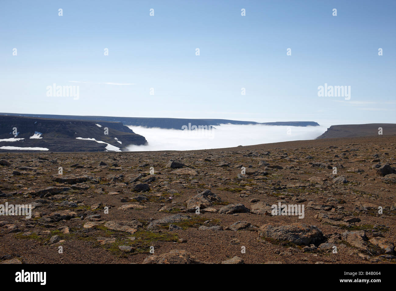 Top of the mountain Bolafjall west of Iceland and looking down to the ...