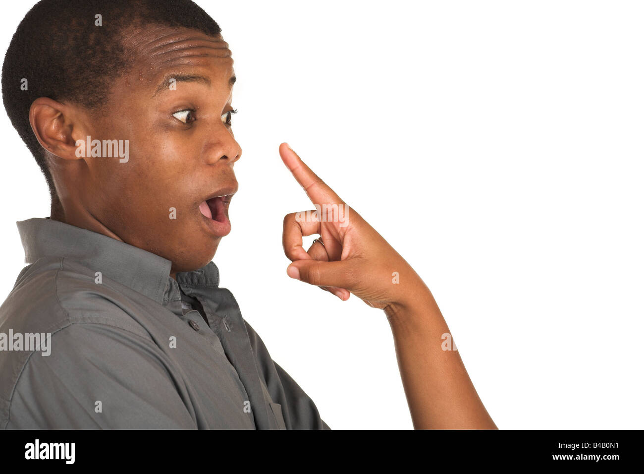 Finger pointing at a sweating businessman copy space Stock Photo - Alamy