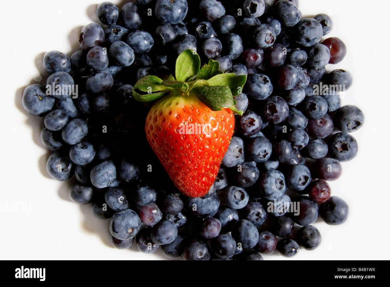 One strawberry on blueberries Stock Photo - Alamy