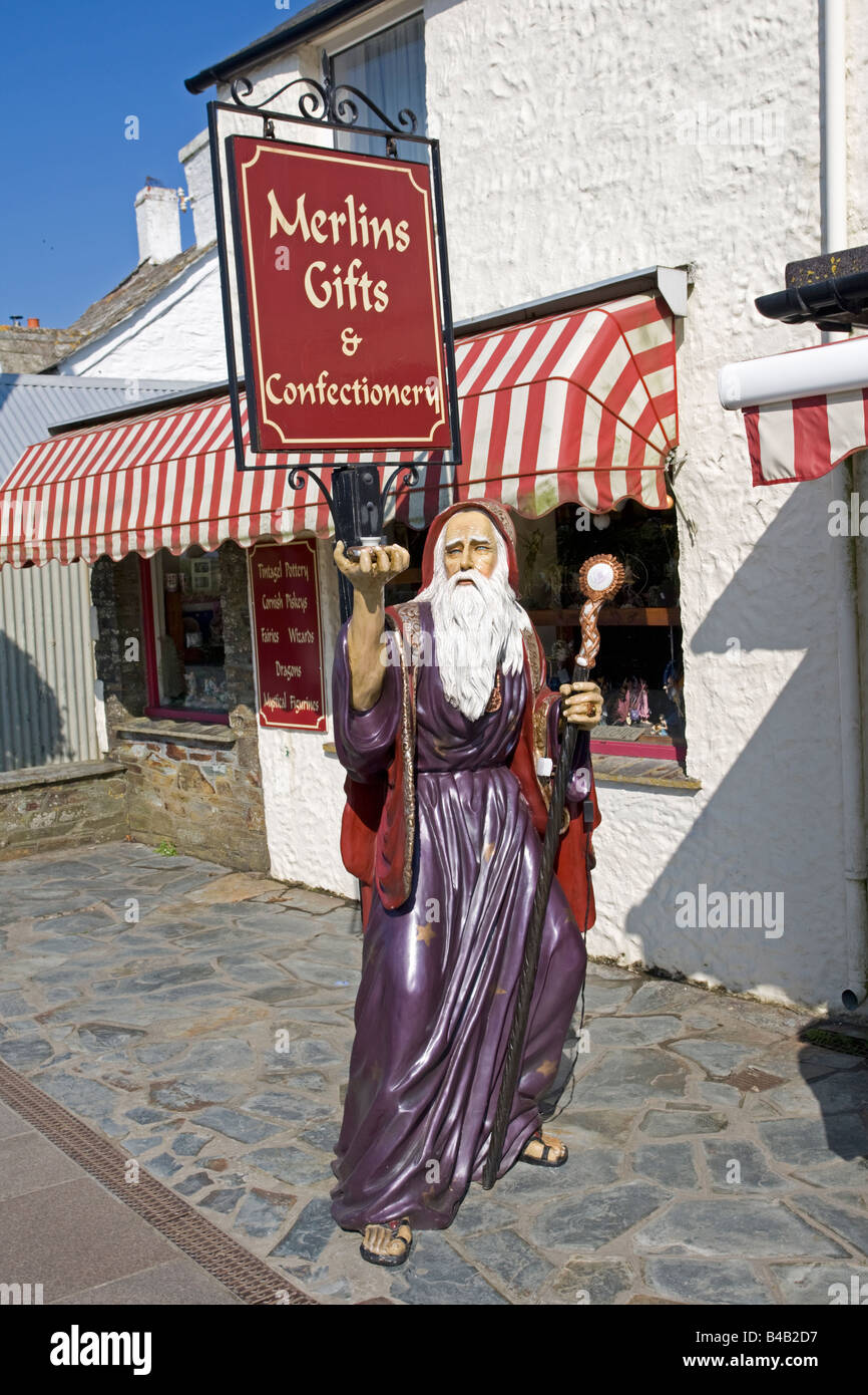 Lifesize model Merlin magician outside shop Tintagel North Cornwall ...