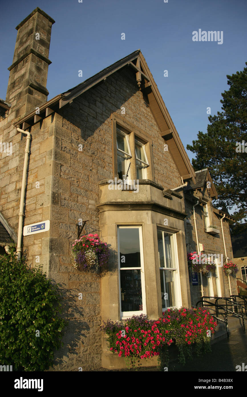 The town of Pitlochry, Scotland. The Tourist Information Office bathed ...