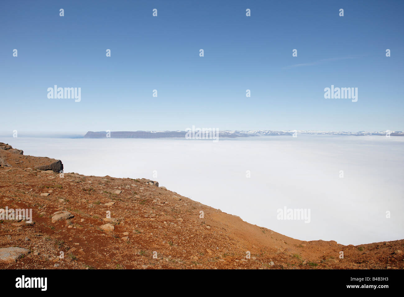 Top of the mountain Bolafjall west of Iceland and looking down to the ...