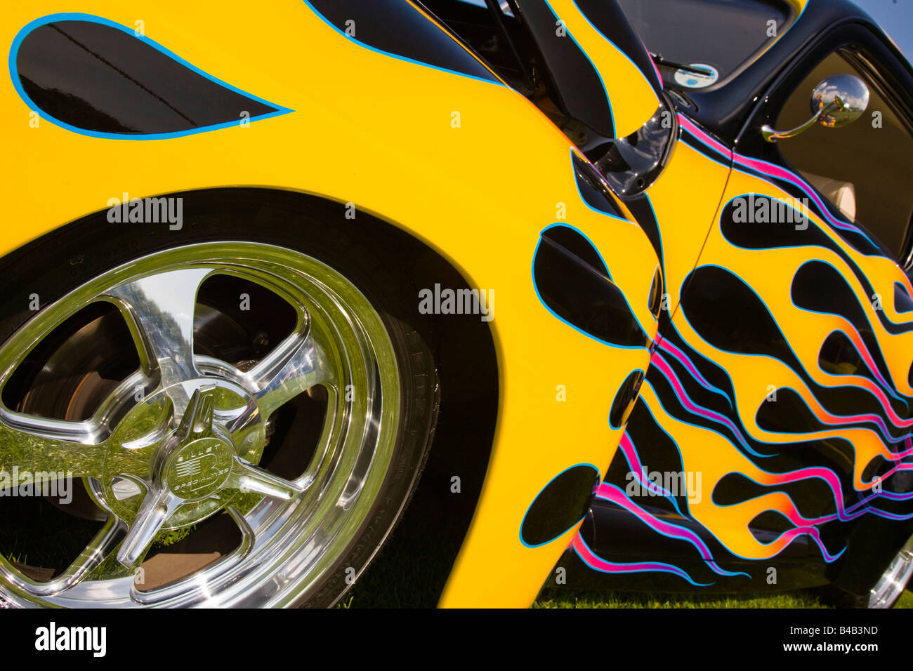 Coloured decals on an American Ford Tudor, car show at Irvine, Ayrshire ...