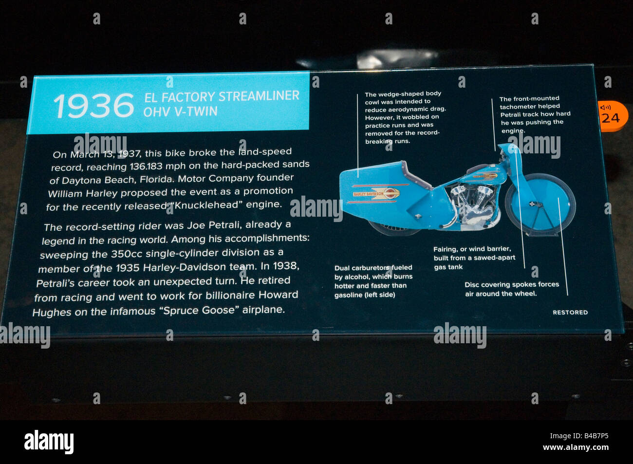 1936 Harley-Davidson Streamliner placard on display at the companies ...