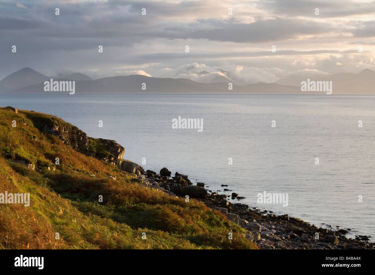Evening light over Raasay and the Cuillin Hills viewed from Applecross ...