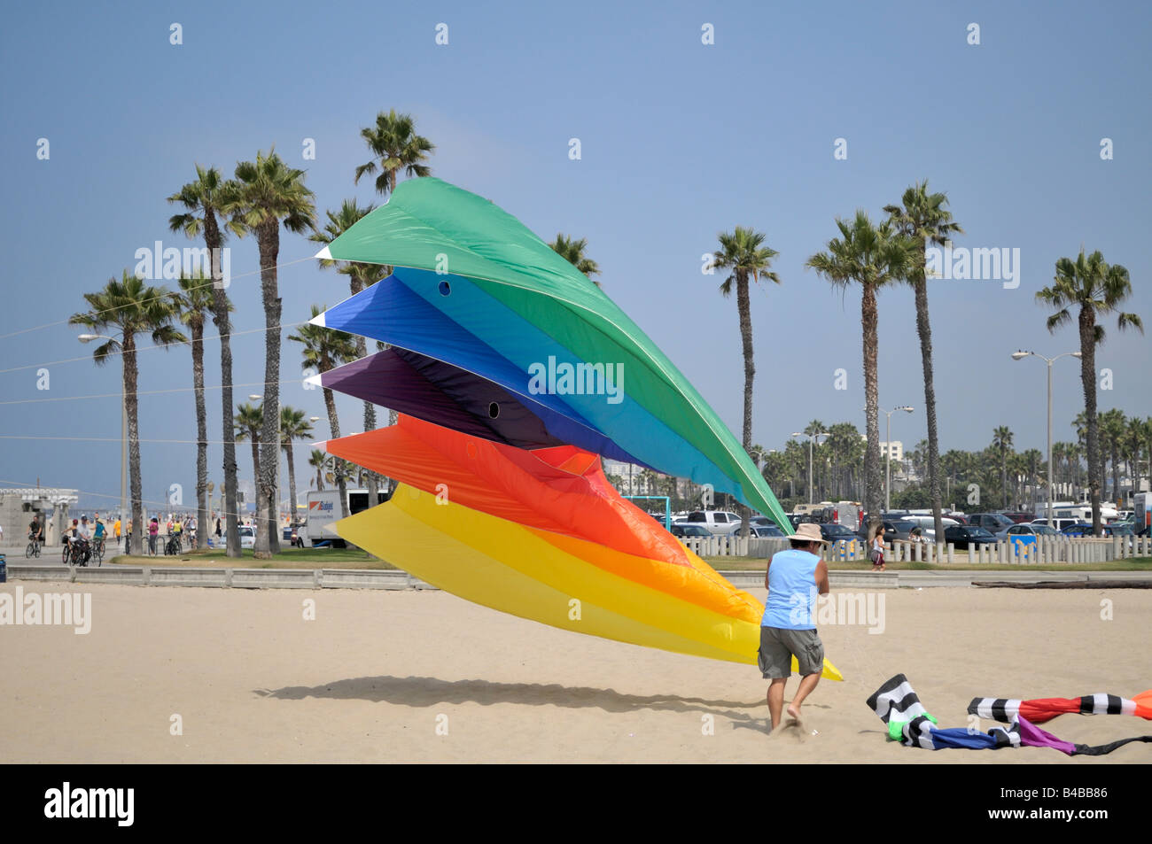Man trying to create lift for spectacular kite Stock Photo - Alamy