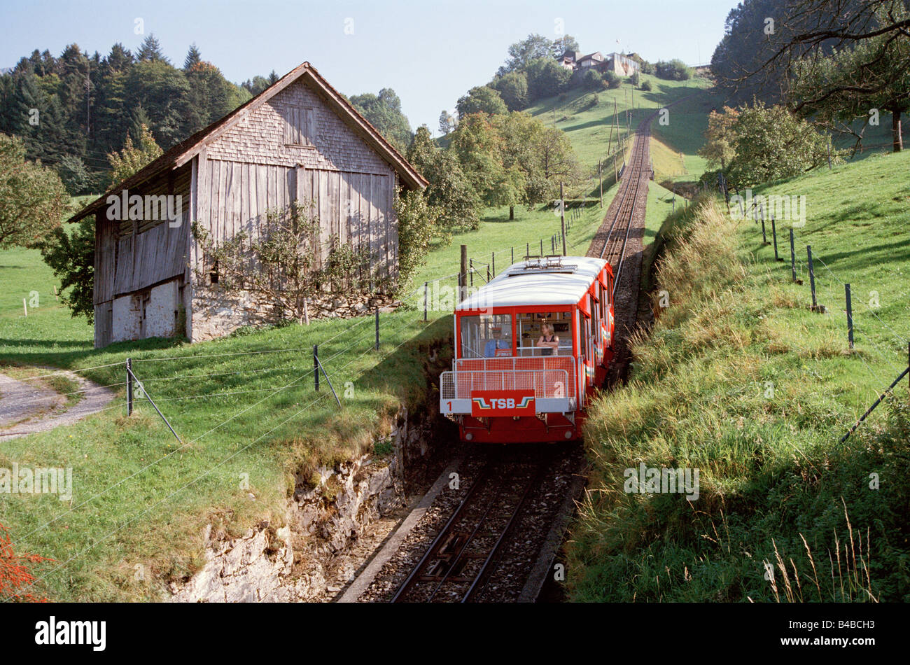 Mountain funicular village transport Switzerland, Treib-Seelisberg-Bahn ...