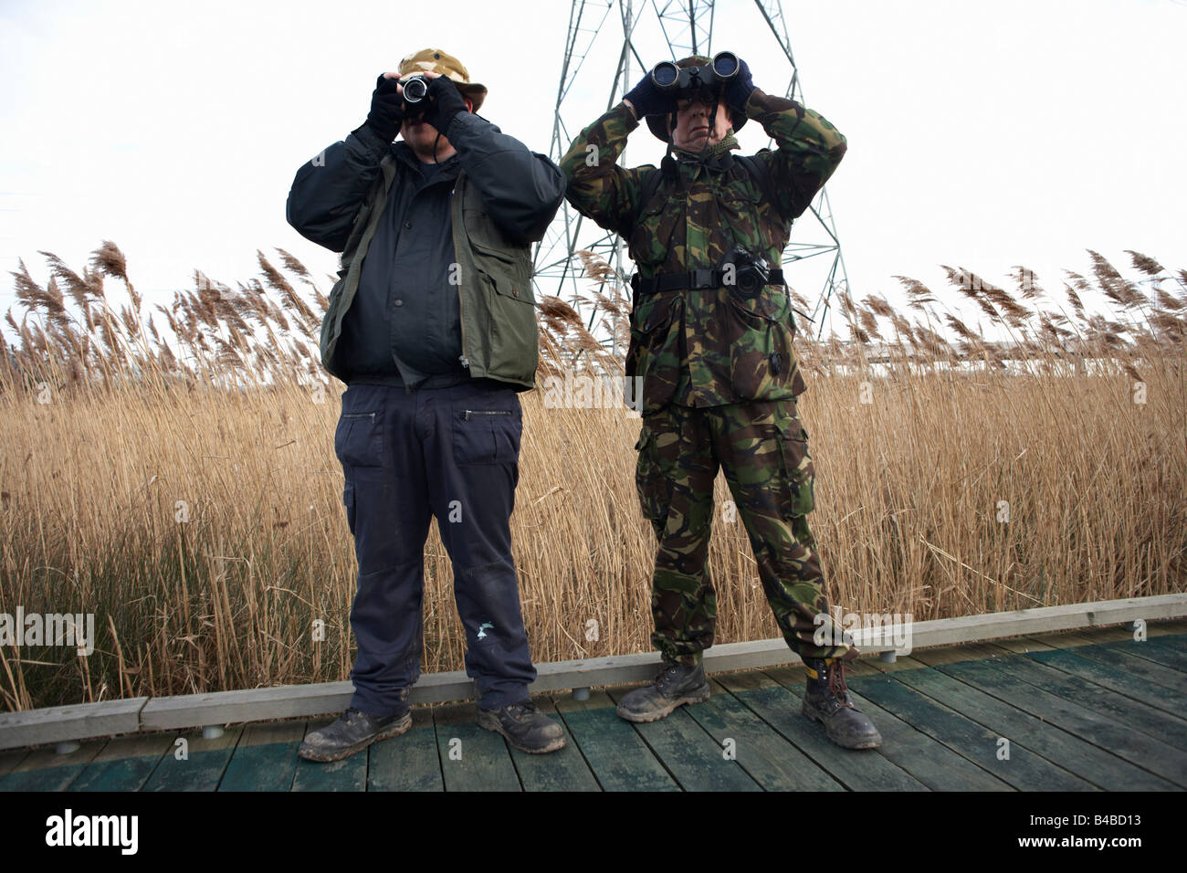 Camouflaged birdspotters peer through binoculars for wildlife at the ...