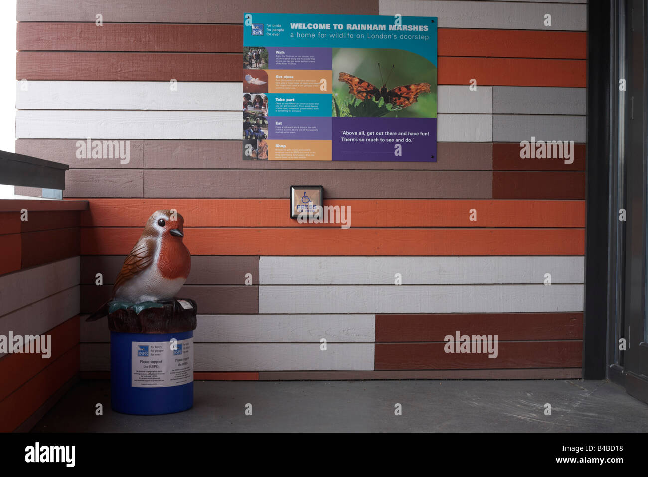 Donation box at the entrance to the RSPB's bird and wildlife reserve at ...