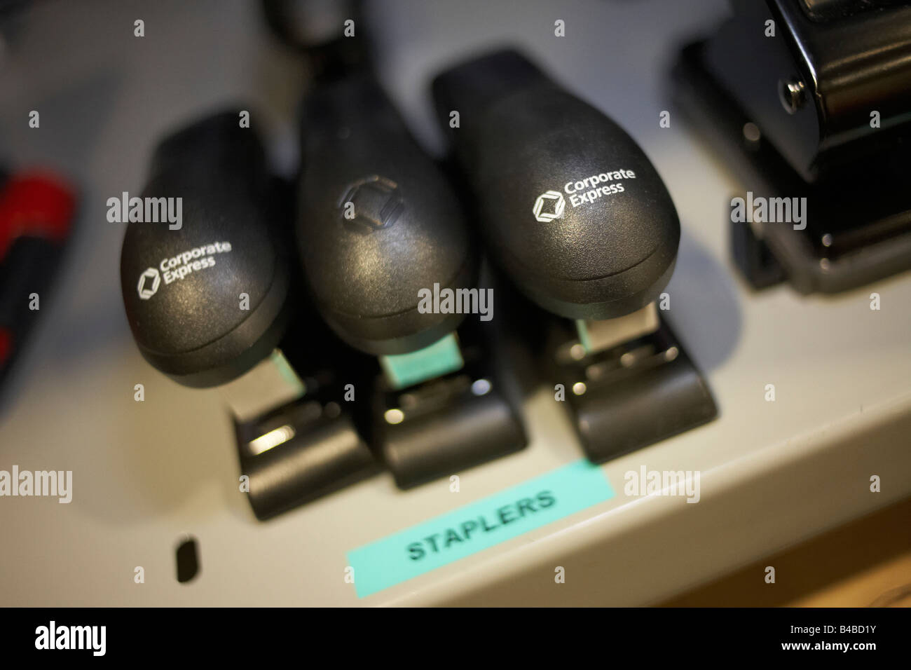 Staplers are available on a shelf in the stationery room of an auditing ...