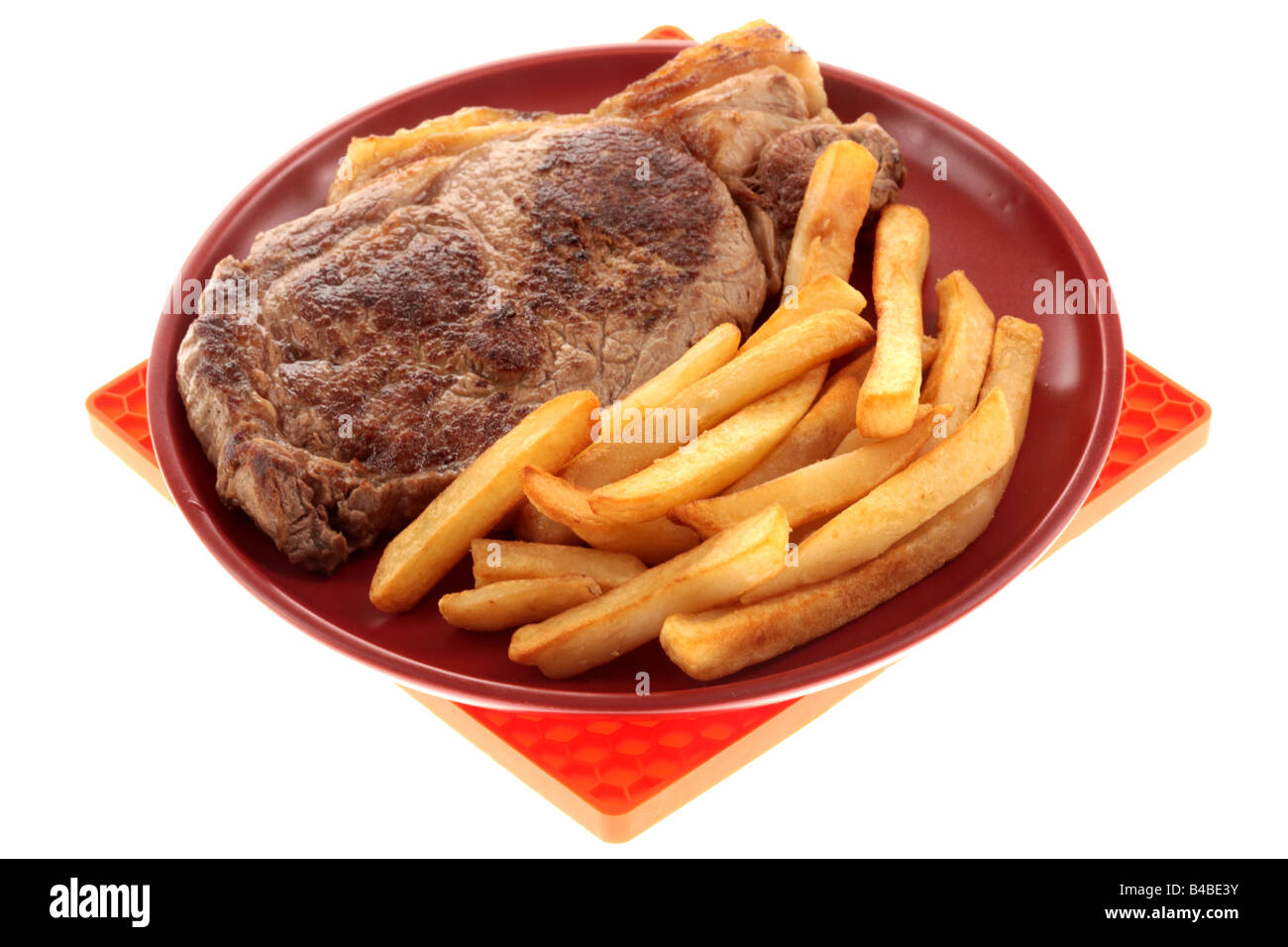 Freshly Cooked Sirloin Beef Steak And Chips Isolated Against A White ...