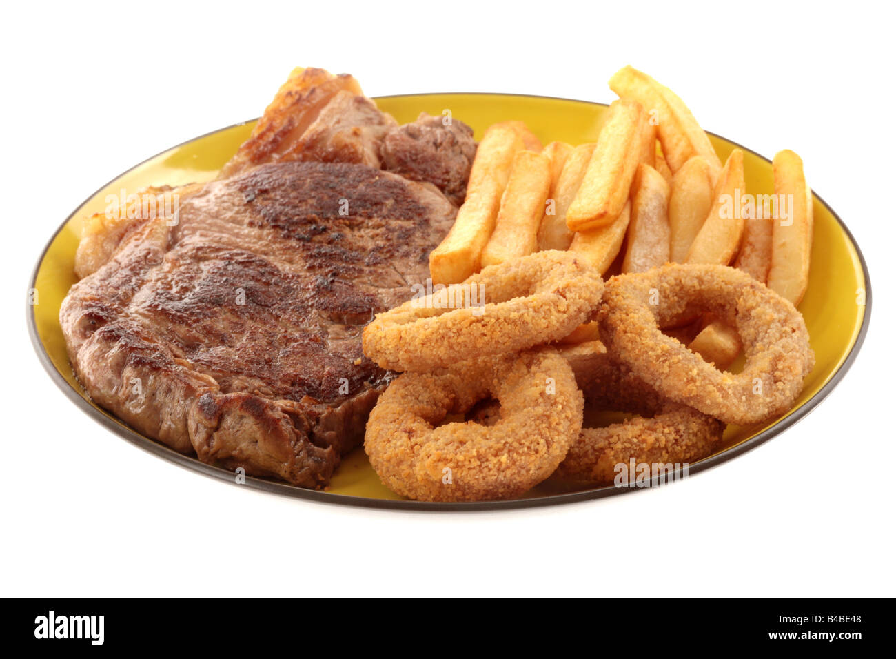 Freshly Cooked Sirloin Beef Steak With Chips And Onion Rings Isolated ...