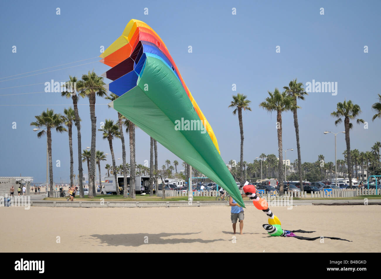 Man trying to create lift for spectacular kite Stock Photo - Alamy