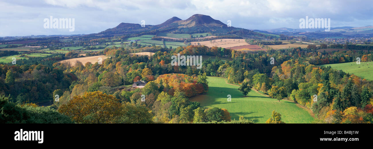 Panorama of Scott's view of the Tweed valley and the Eildon Hills, near ...