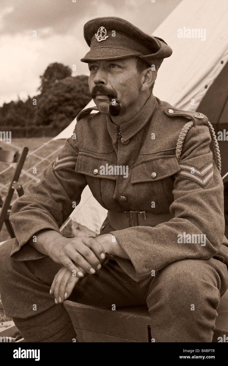 Moustached British Army Corporal Smoking Pipe Great War - Sepia Stock ...