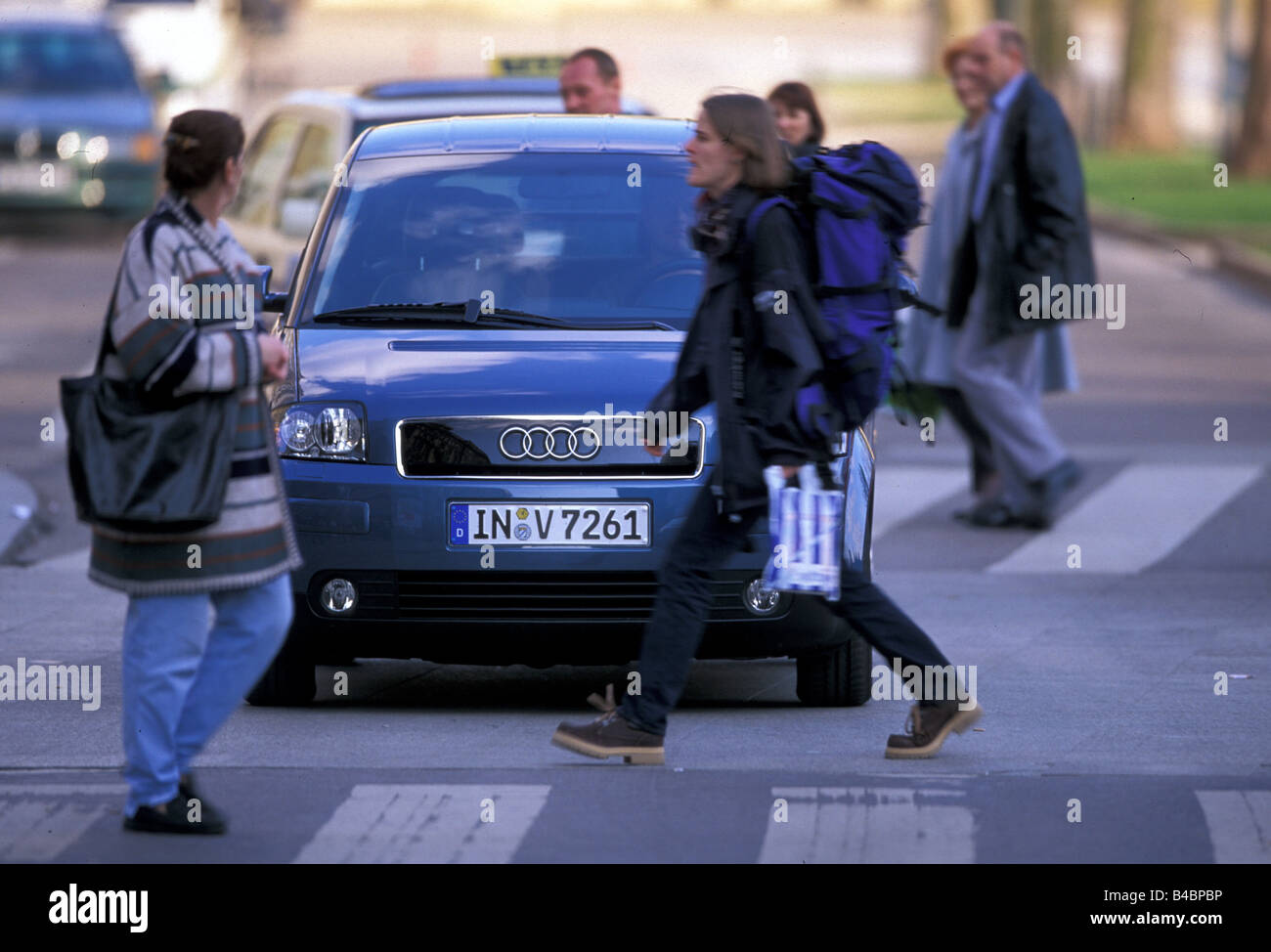 Car, Audi A2, model year 2000-, blue, frontal view, standing, upholding ...