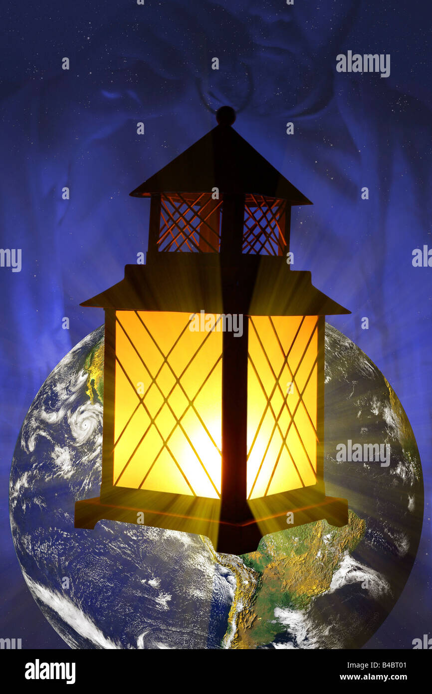 Lantern on a picture of the earth Stock Photo - Alamy