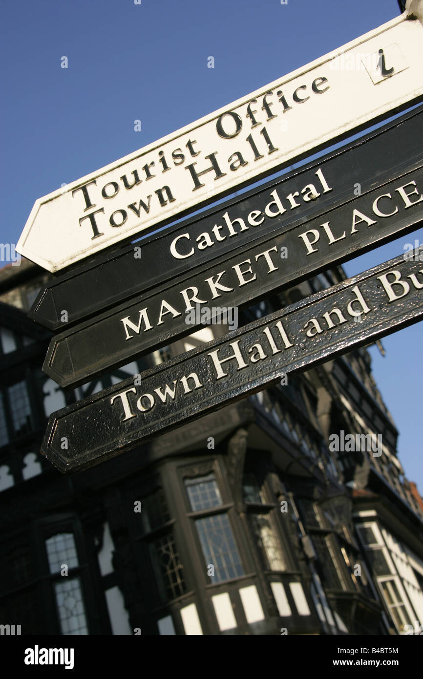 City of Chester, England. Tourist direction signs with Chester’s black ...
