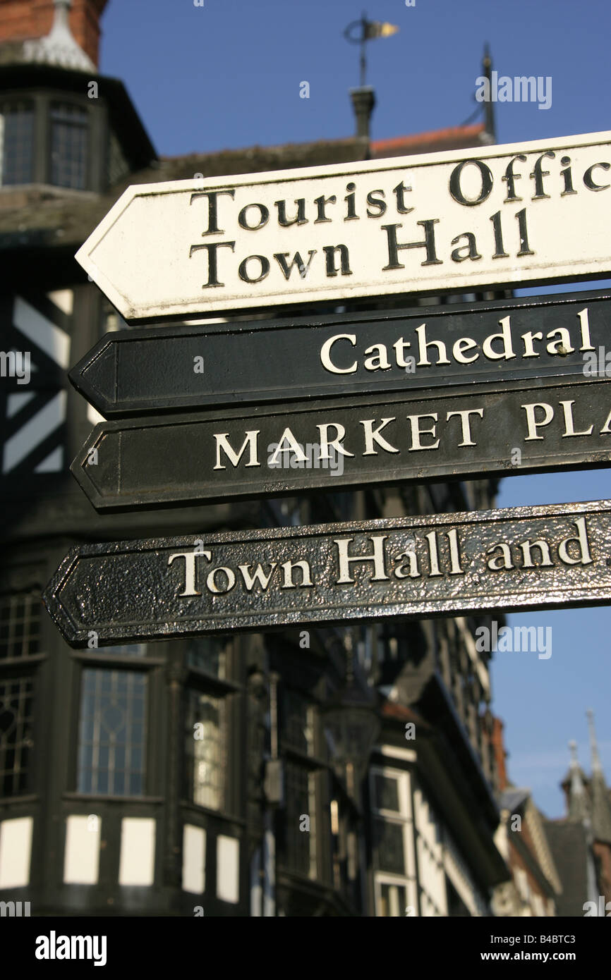 City of Chester, England. Tourist direction signs with Chester’s black ...