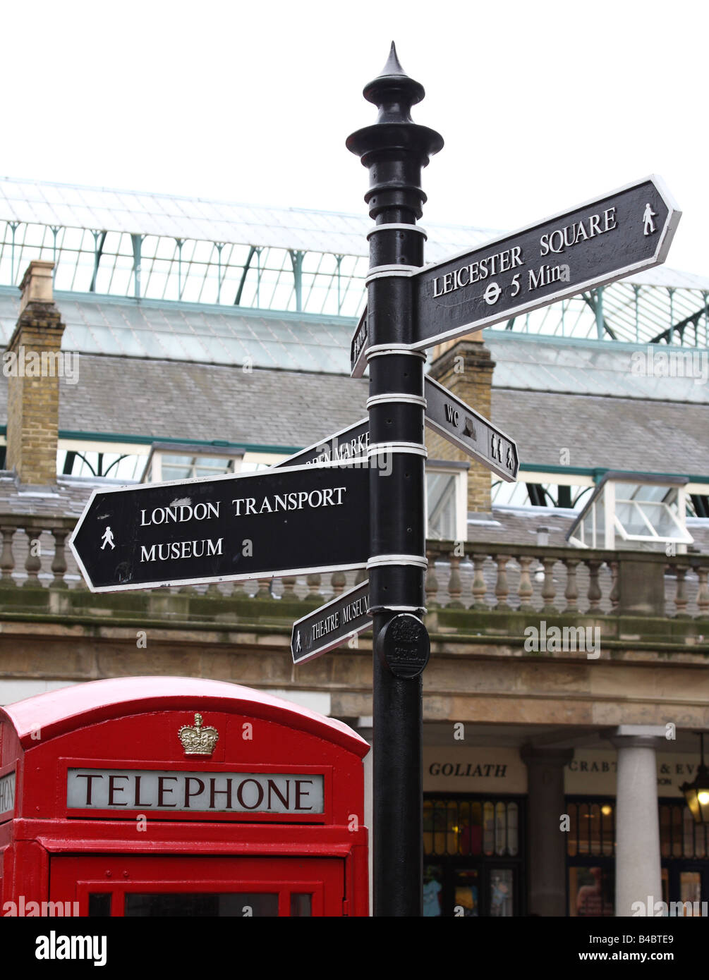 A traditional red telephone box and street sign in Covent Garden ...