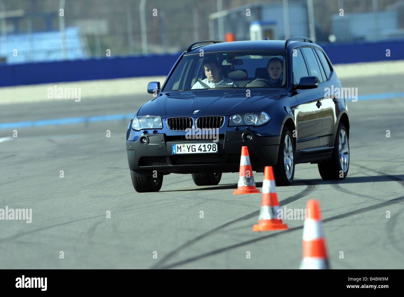 Car, BMW X3 3.0d, cross country vehicle, model year 2003-, blue moving ...