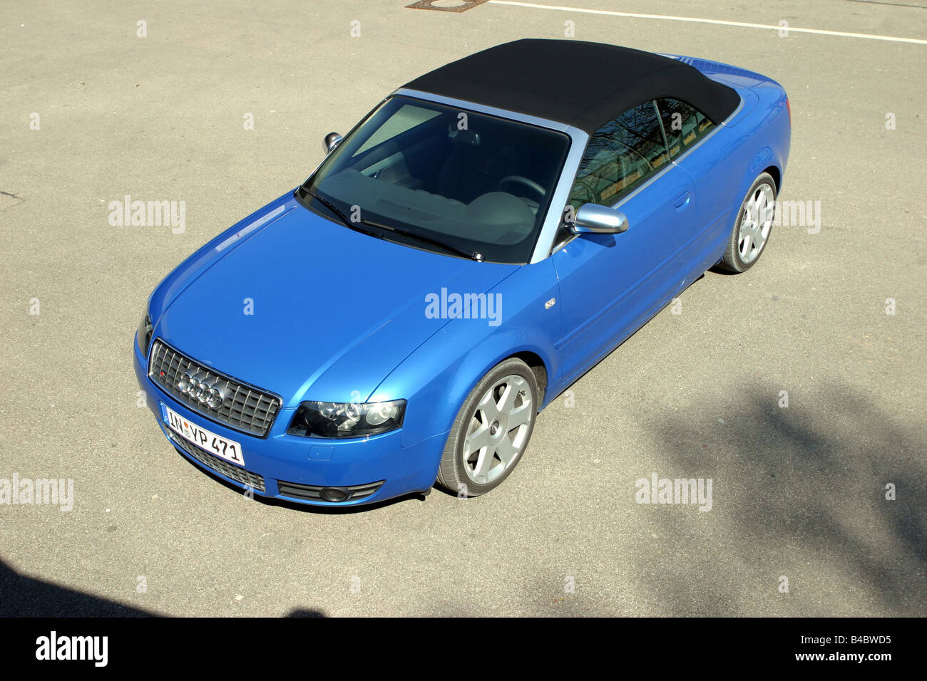 Car, Audi S4 Convertible, model year 2003-, blue, closed top, standing ...