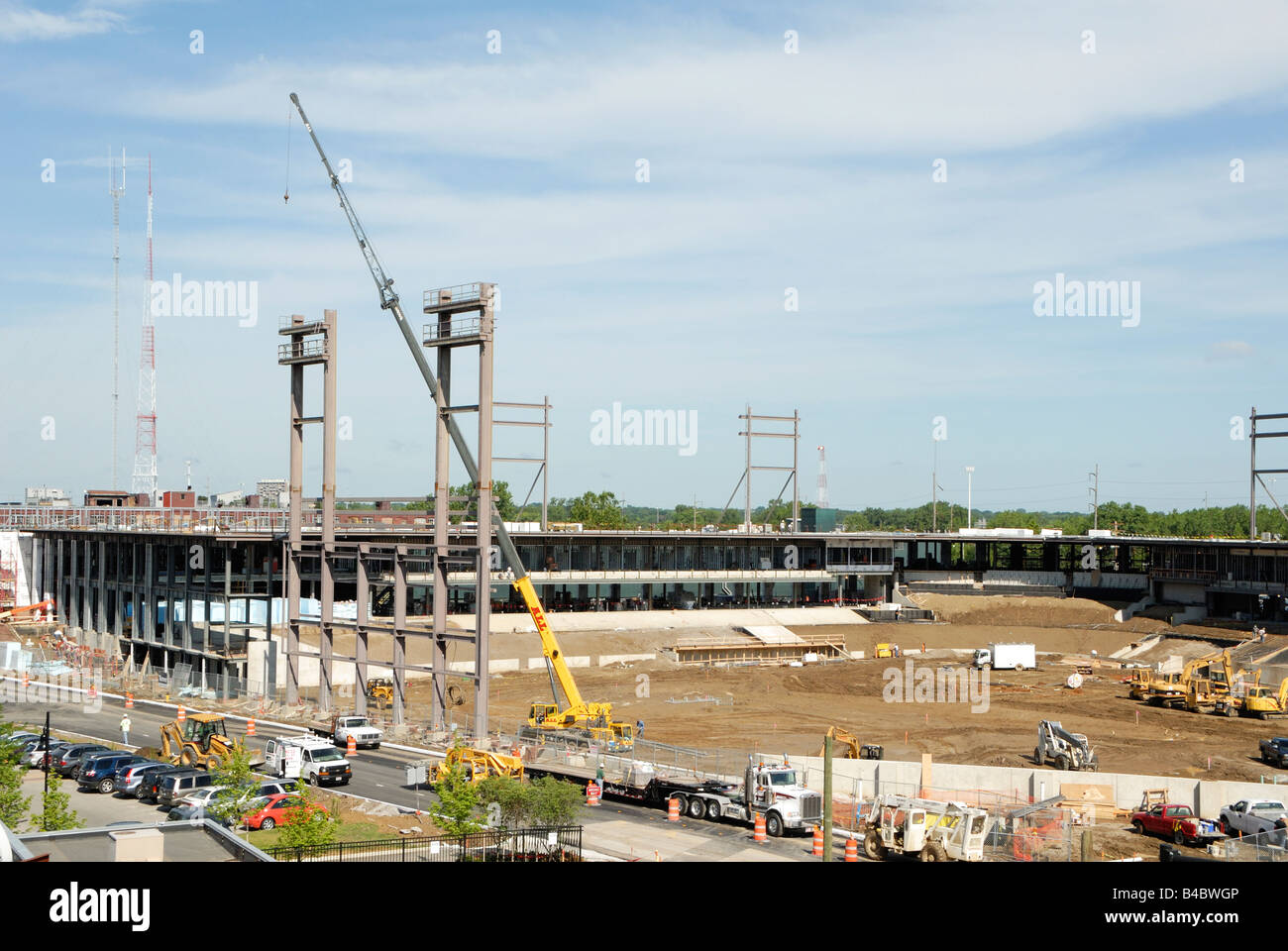 Construction workers building new baseball stadium at Huntington park ...