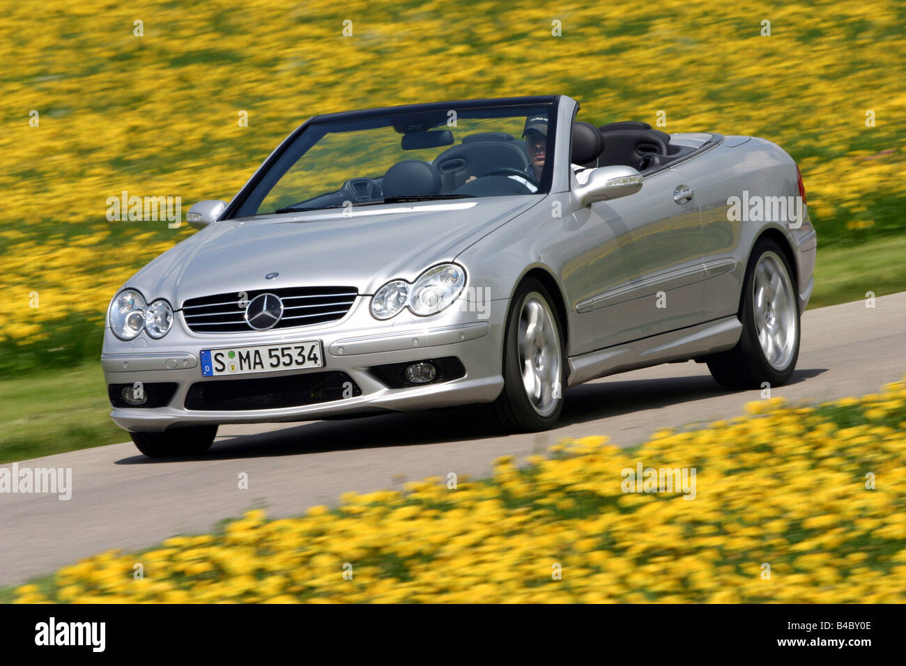 Car, Mercedes CLK 55 AMG, Convertible, model year 2003-, silver, open ...