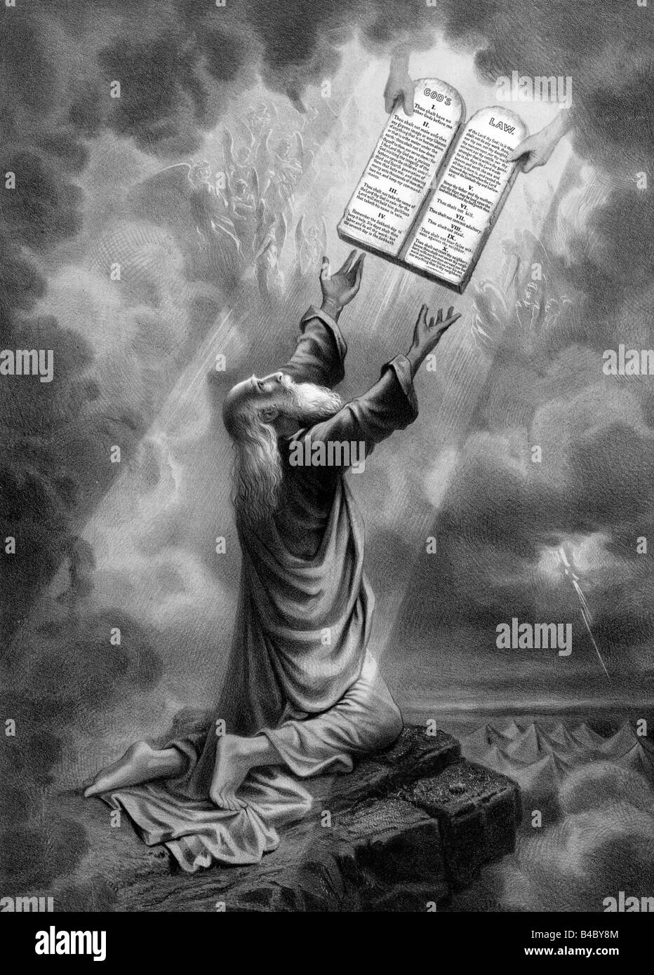 Moses receives the ten commandments Black and White Stock Photos ...