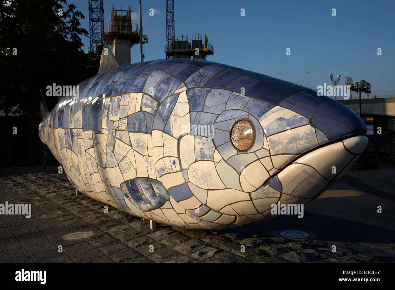 The Big Fish Salmon sculpture by John Kindness next to the River Lagan ...