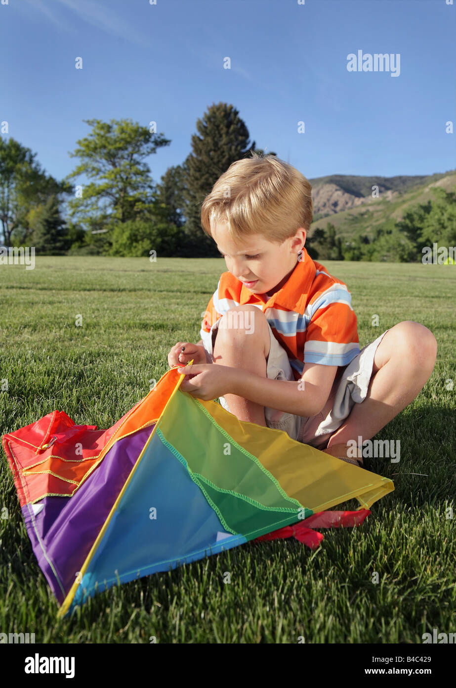 young boy assembling a kite in a park Stock Photo - Alamy