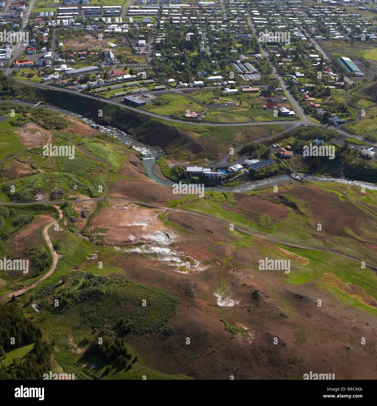 Aerial, new sprouting geothermal geysers and bore holes from recent ...