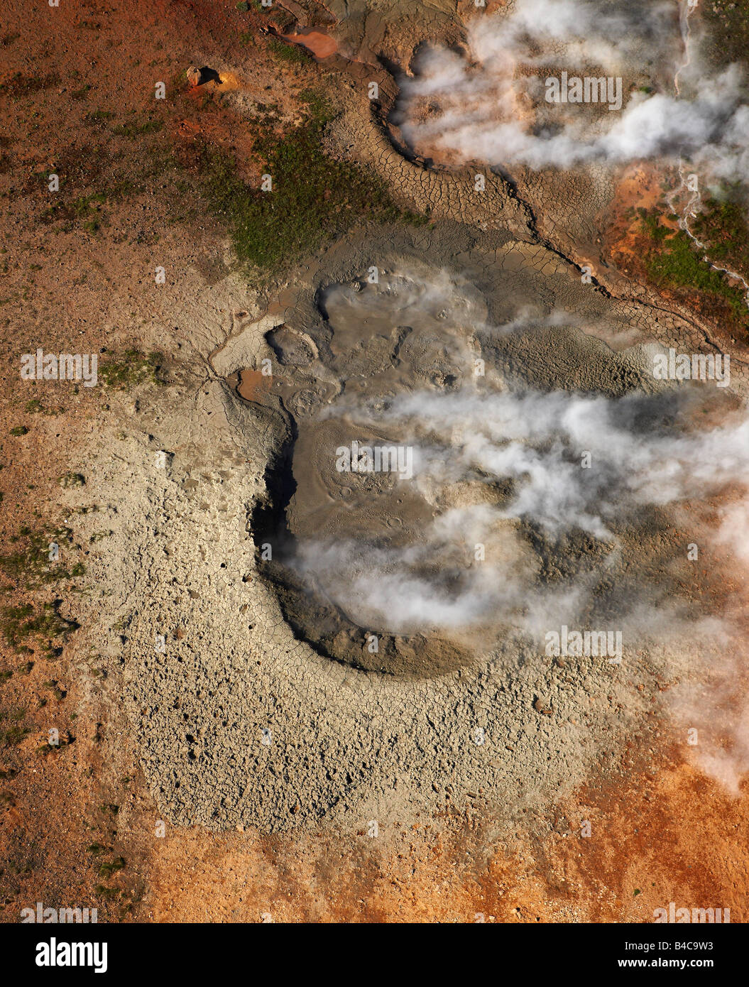Aerial, new sprouting geothermal geysers and bore holes from recent ...