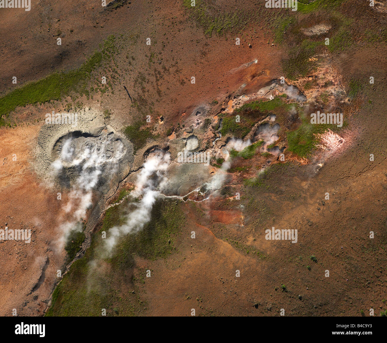 Aerial, new sprouting geothermal geysers and bore holes from recent ...