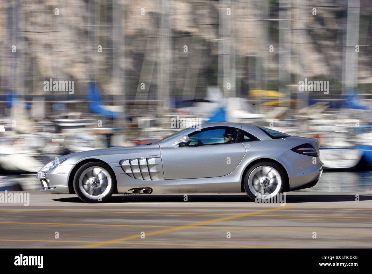 Car, Mercedes SLR, model year 2005-, silver, roadsters, driving, side ...