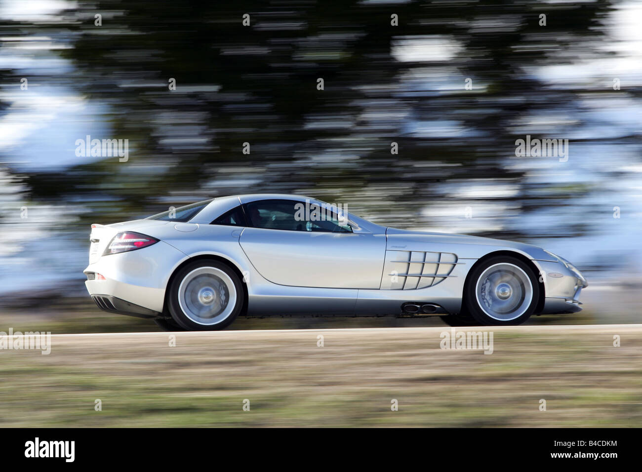 Car, Mercedes SLR, model year 2005-, silver, roadsters, driving, side ...