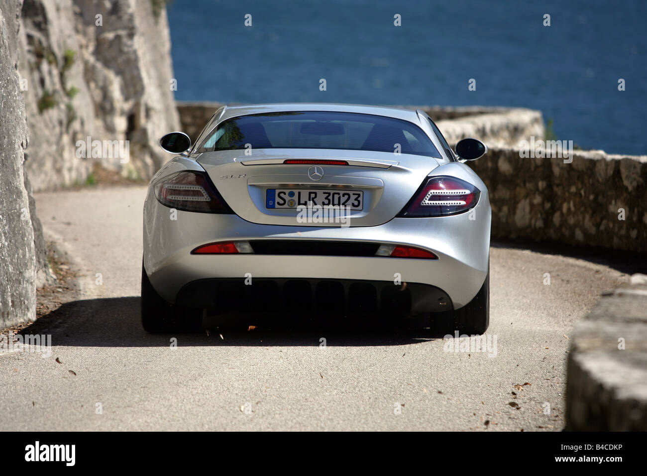 Car, Mercedes SLR, model year 2005-, silver, roadsters, driving, rear ...