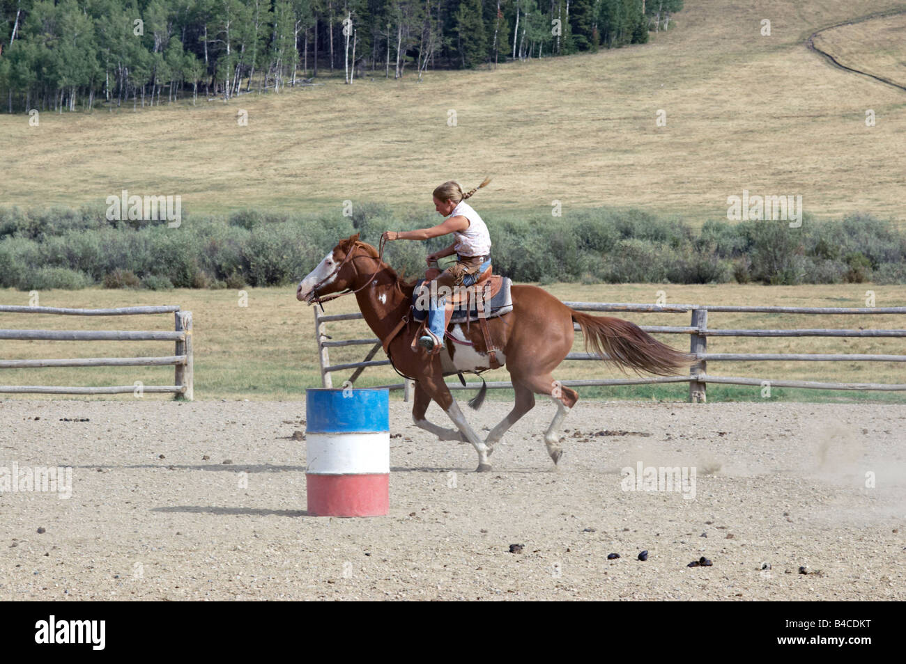 Female wrangler riding in a rodeo on a dude ranch in North America ...