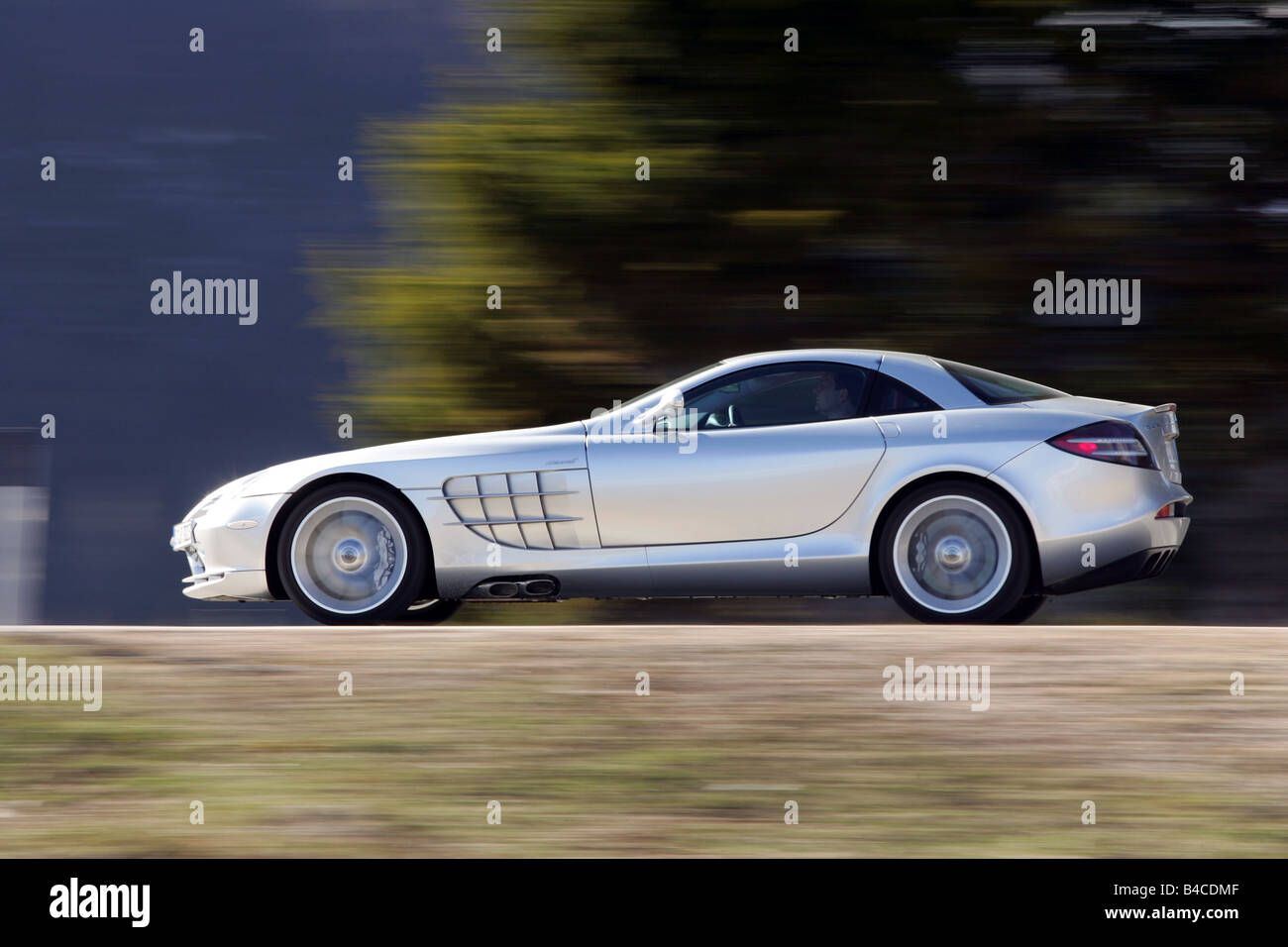 Car, Mercedes SLR, model year 2005-, silver, roadsters, driving, side ...
