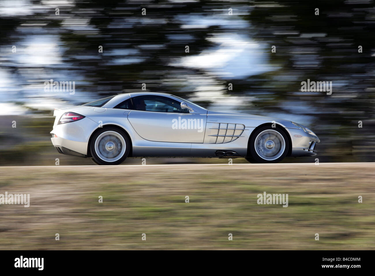 Car, Mercedes SLR, model year 2005-, silver, roadsters, driving, side ...