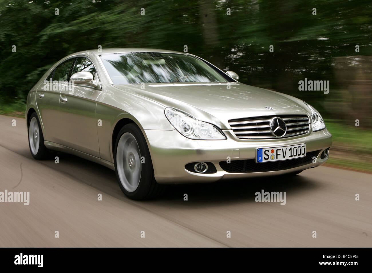 Car, Mercedes CLS 420 CDI, Limousine, model year 2005-, silver, driving ...