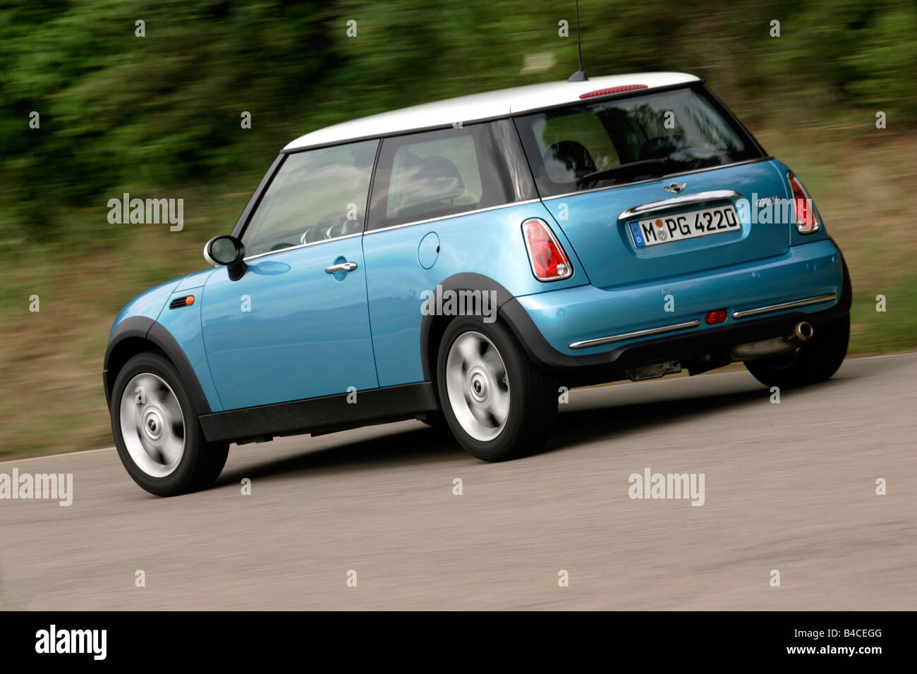 Car, Mini Cooperl, model year 2005-, hellblue moving, diagonal from the ...