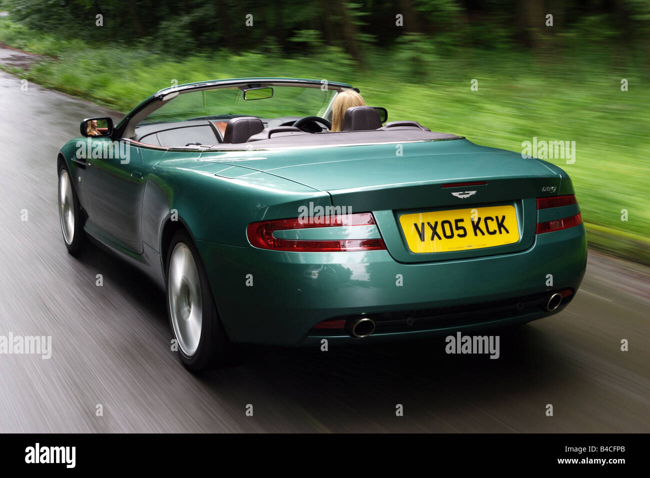 Aston Martin DB9 Volante, model year 2005-, green, driving, diagonal ...