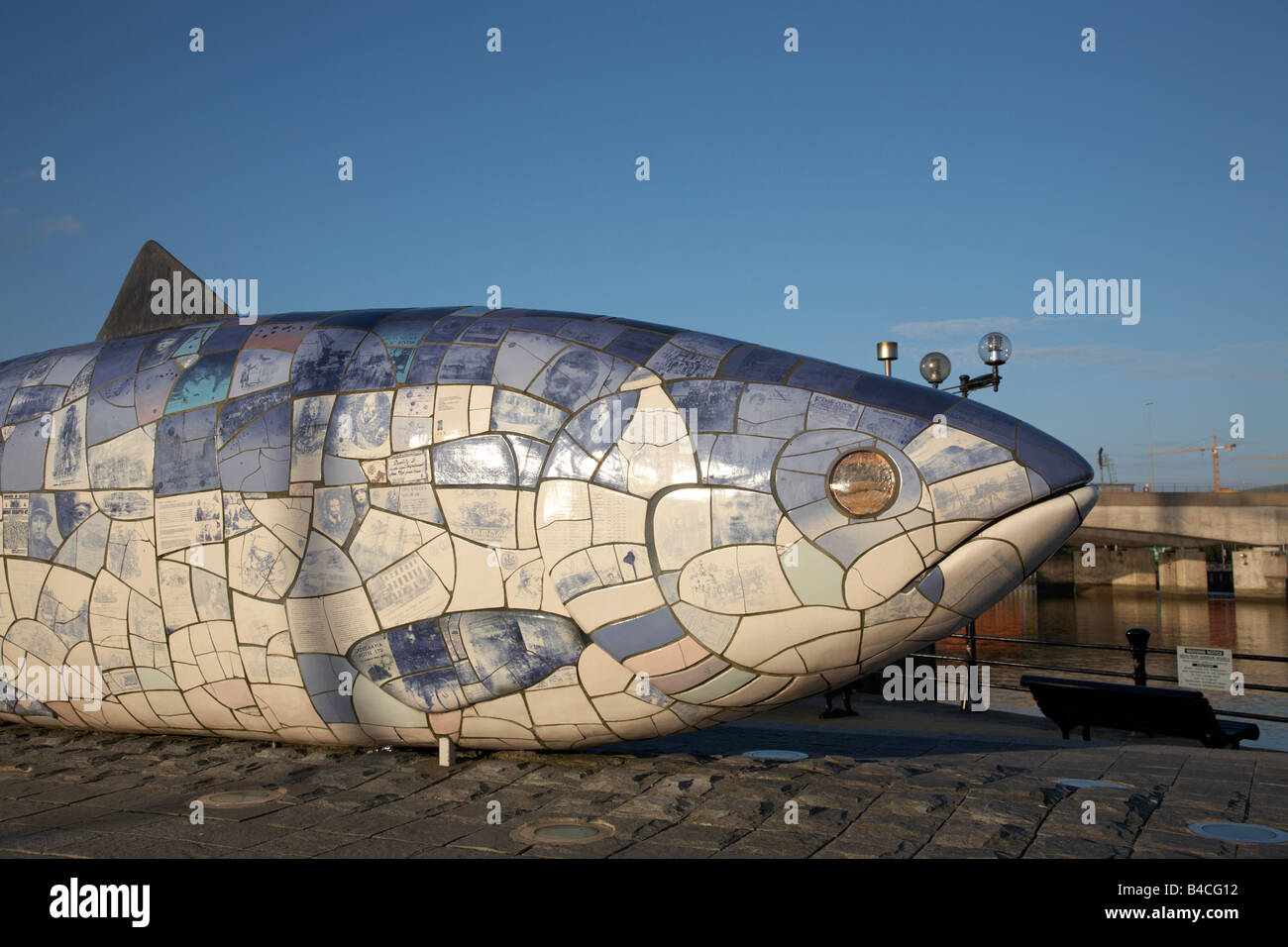 The Big Fish Salmon sculpture by John Kindness next to the River Lagan ...