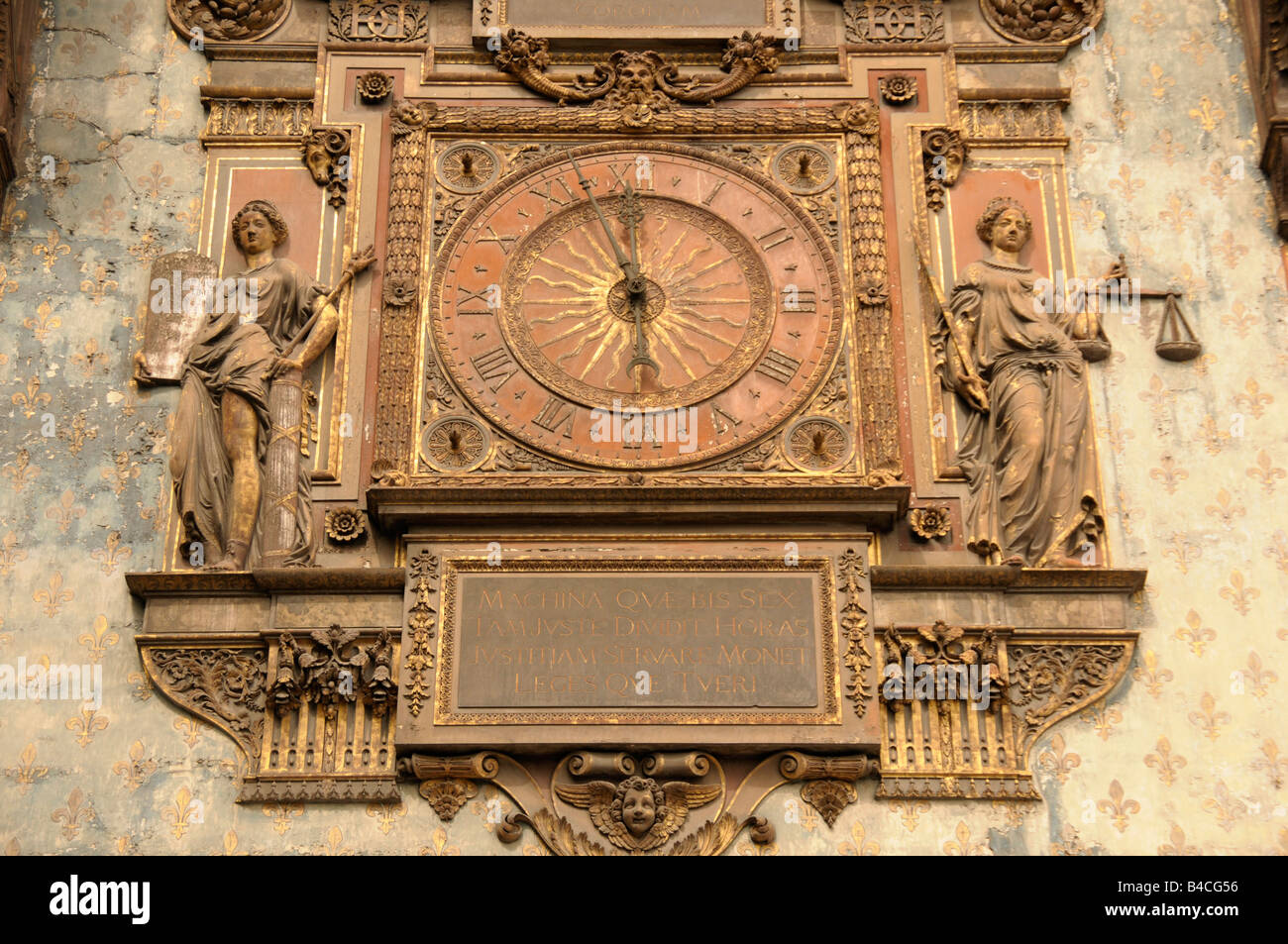historic clock with Lady Justice on a facade in Paris France Stock ...