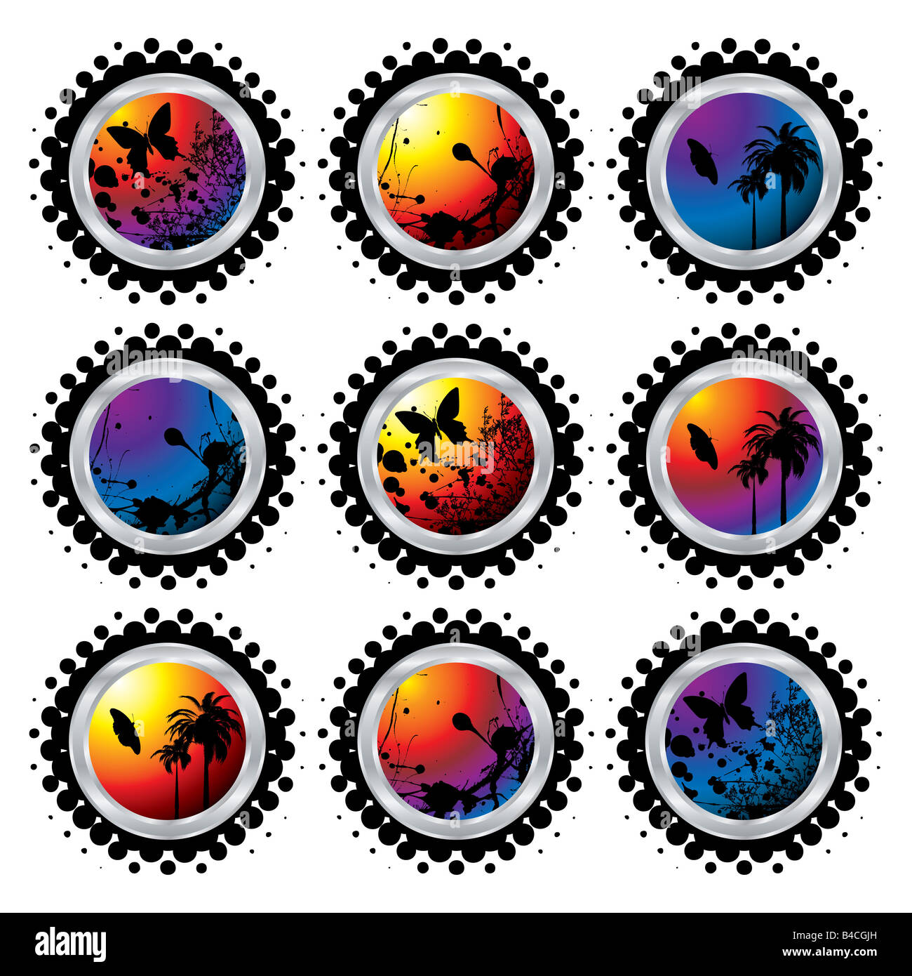 collection of nine brightly coloured buttons with halftone dots Stock ...