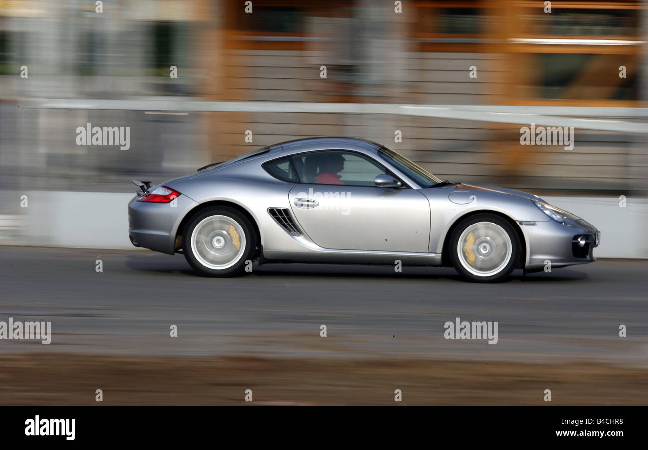 Porsche Cayman S, roadster, model year 2005-, silver, driving, side ...
