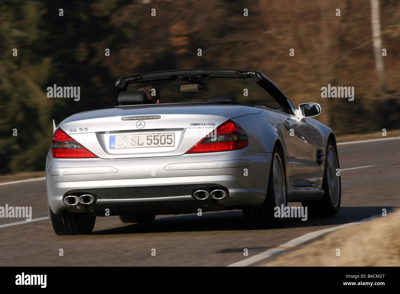 Mercedes SL 55 AMG, model year 2006-, silver, driving, diagonal from ...