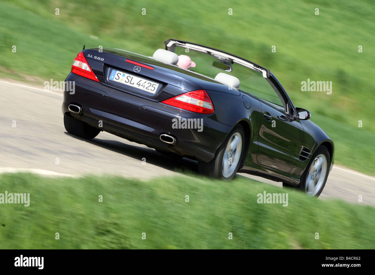 Mercedes SL 500, model year 2006-, black, open top, driving, diagonal ...