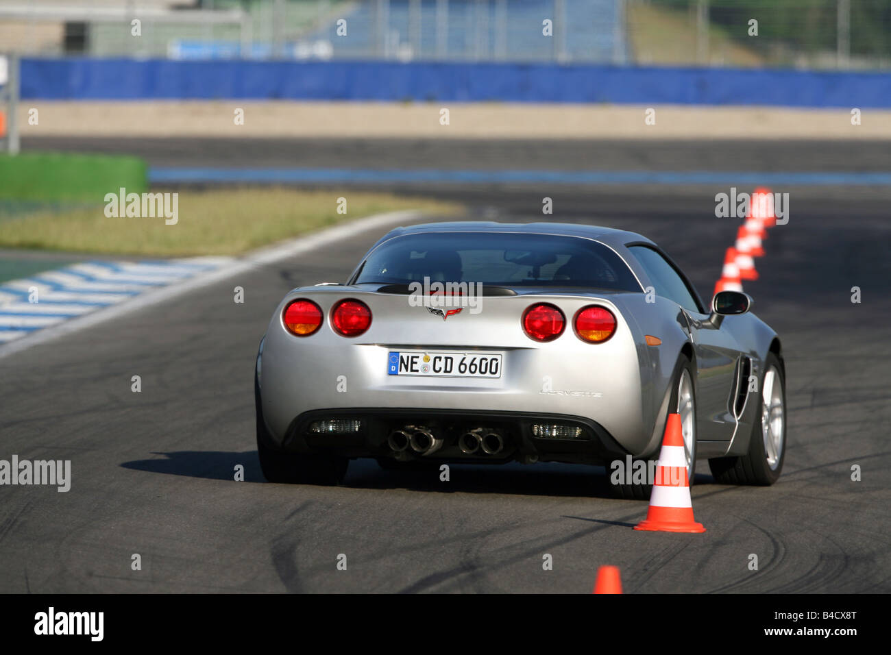 Corvette Z06, model year 2006-, silver, driving, diagonal from the back ...
